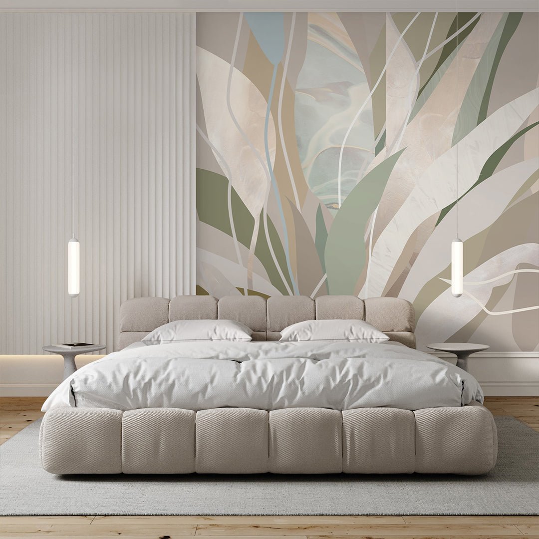 Beige Green Leaves Wall Mural AM079 – CostaCover
