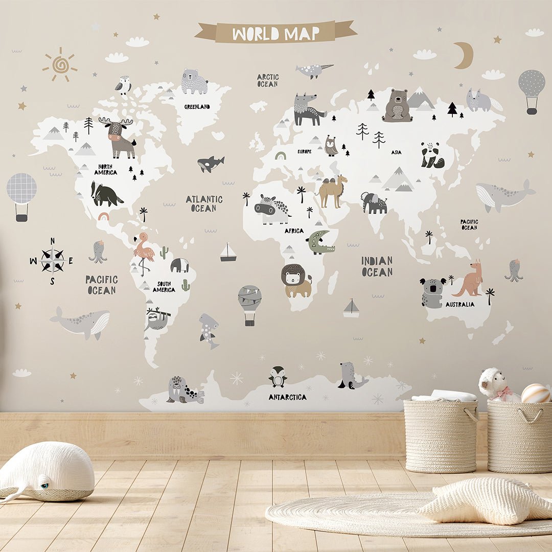 Beige World Map With Animals Wall Mural AM112 – CostaCover