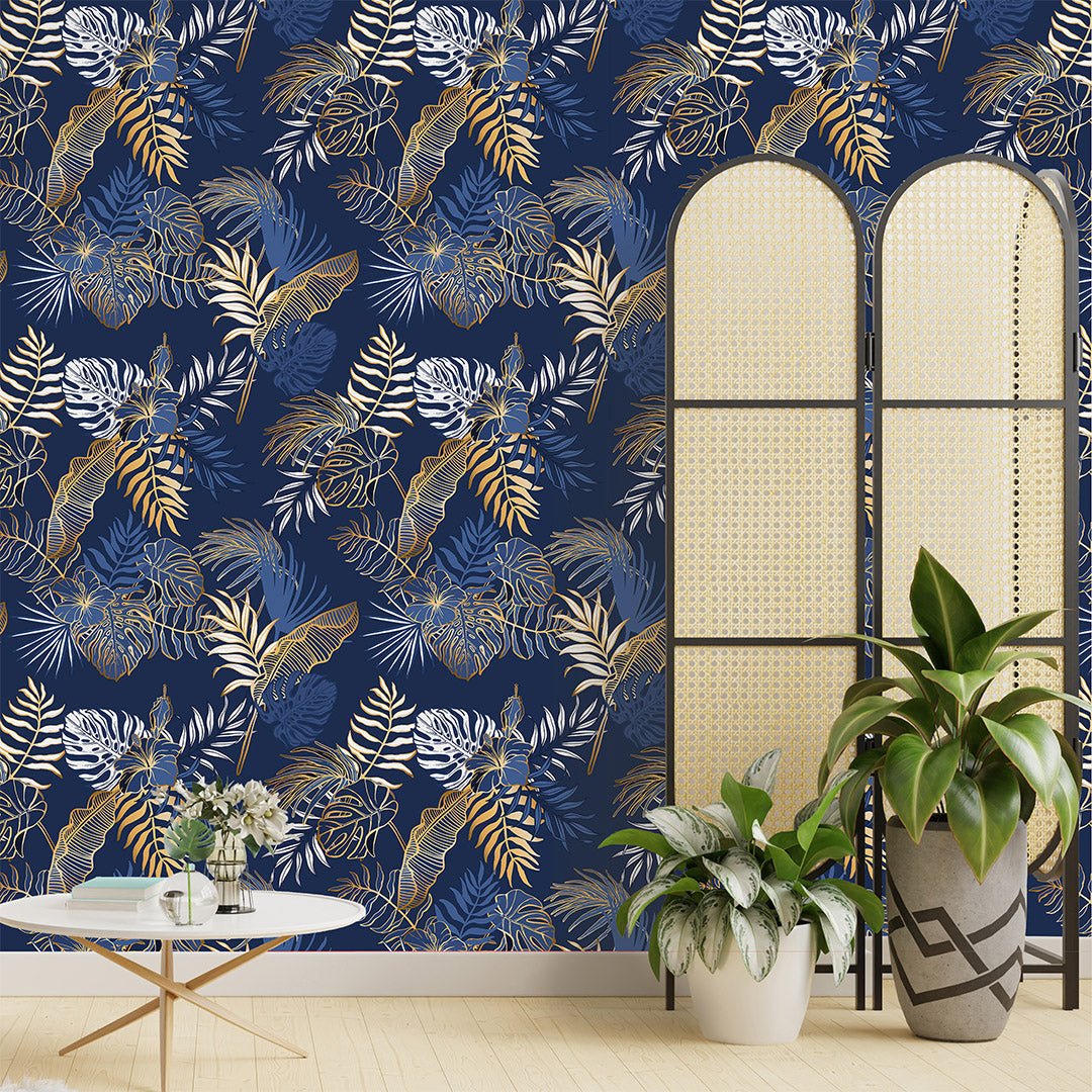 Navy Blue & Gold Palm Leaves Wallpaper CC295 – CostaCover